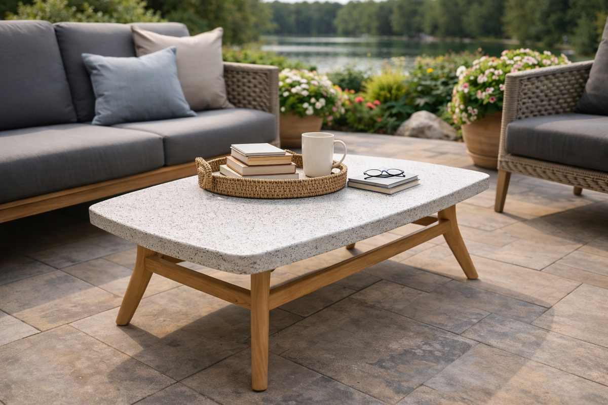 Table à café extérieure Palma 43" faux stone blanc et teck naturel – T ...